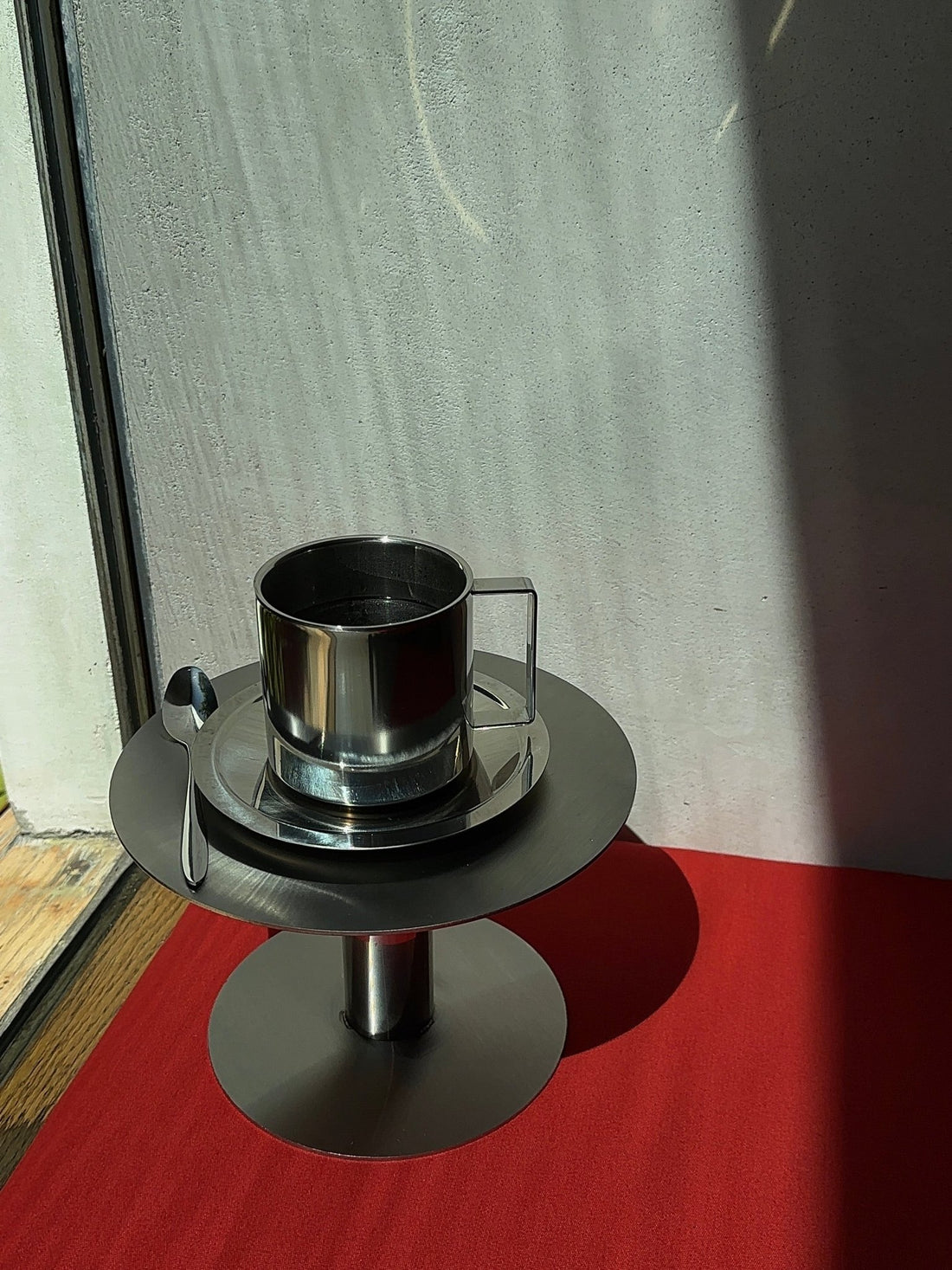 large stainless steel coffee mug, saucer, and spoon – lazy jamie